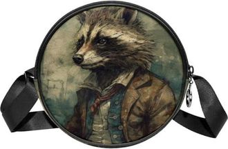 Generic Sac &agrave; bandouli&egrave;re rond pour femme, motif raton laveur, style vintage, avec fermeture &eacute;clair, bretelles r&eacute;glables, sac &agrave; main rond d&eacute;contract&eacute; pour fem