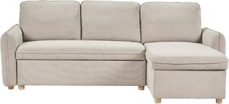 Miliboo Ecksofa, ausziehbar, wendbar, mit Truhe, 3-Sitzer, Chenille-Stoff, Beige und helles Holz, Orso