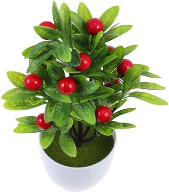 FOMIYES 2 St&uuml;ck K&uuml;nstliche Gr&uuml;ne Bonsai Tischpflanzen Naturgetreu mit Roten Fr&uuml;chten Realistische Kunststoff Dekoration f&uuml;r Wohndekor und Entspannung