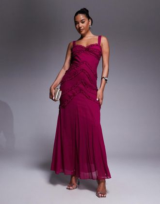 Asos Robe longue à bretelles fines et détails volantés - Framboise-rose