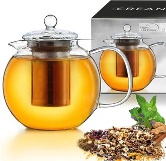 Creano Teekanne aus Glas 0,85l, 3-Teilige Glasteekanne mit Integriertem Edelstahl-Sieb und Glas-Deckel, Ideal zur Zubereitung von Losen Tees, tropffrei, All-