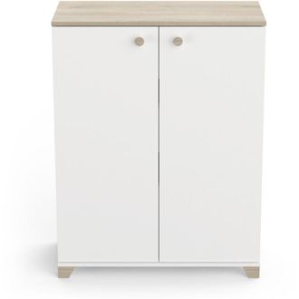 PEGANE Meuble de rangement 2 portes 2 &eacute;tag&egrave;res couleur ch&ecirc;ne / blanc mat - Largeur 79,7 x Profondeur 35,1 x Hauteur 104,2 cm