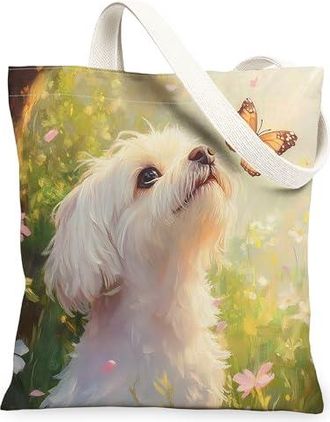 Generic Sac fourre-tout en toile motif chien maltais printanier 33 x 38,1 cm, sac d&eacute;picerie r&eacute;utilisable pour femme, animal de compagnie, motif de voyage, d&eacute;c