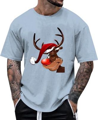 Generic T-shirts de No&euml;l pour hommes UK Automne Tee-shirt de P&egrave;re No&euml;l L&eacute;ger Renne Col Rond Tunique Hauts Moche Dessin Anim&eacute; Col Ras du Cou Streetwear, bleu c
