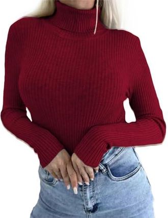 Generic Chemises à manches longues pour femme - Automne et hiver - Chaud - Solide - Pull à manches longues - Col roulé, Chemises dautomne Wine-women, XL