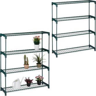 Relaxdays Pflanzenregal, 2er Set, 4 Ablagen, f&uuml;r Blumen- & Pflanzent&ouml;pfe, Metall & Kunststoff, HBT 106x91x28 cm, gr&uuml;n
