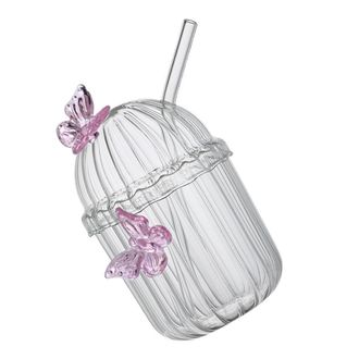 NUOBESTY Butterfly Trinkglas mit Deckel und Strohhalm 400ml Transparenter Glasbecher f&uuml;r Kaffee Eiskaffee und Getr&auml;nke Soda Glasbecher mit Flacher Unterseite V