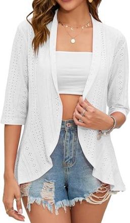 Generic Élégant cardigan tricoté à manches courtes pour femme - Léger - Crochet dété, blanc, Taille XL