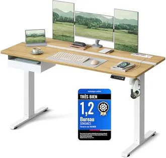 Vasagle Bureau &Eacute;lectrique R&eacute;glable en Hauteur, Bureau Assis-debout, Multiprise, Tiroir, 60 x 140 cm, R&eacute;glable en Continu, Fonction M&eacute;moire de 4 Hauteurs, Coul