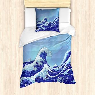 Abakuhaus Blau Bettbezug Set für Einzelbetten, Große Tsunami-Ozean-Natur, Milbensicher Allergiker geeignet mit Kissenbezug, Hellblau