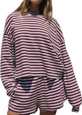 Generic Ensemble de pyjama 2 pi&egrave;ces &agrave; rayures &agrave; manches longues pour femme, ensemble de pyjama 2 pi&egrave;ces, tenue Y2K, ensemble court assorti, bordeaux, XL