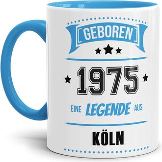 Tassendruck Geburtstags-Tasse Geboren 1975 Eine Legende aus Köln Innen & Henkel Hellblau/Geschenk/mit Spruch/Mug/Cup/Becher/Qualität Made in Germany