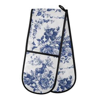 PUXUQU Ofenhandschuhe Wild Tier Rentier Blumen Blume Topfhandschuh Oven Mitts Backhandschuhe Topflappen f&uuml;r Zuhause K&uuml;che Backen Kochhandschuhe