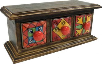 Guru Shop Apothekerschränkchen mit Bunten Keramik Schubfächern, Gewürzkiste - 3 Fächer Modell 1, 10x24x9 cm