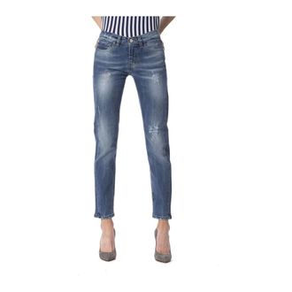 Frankie Morello Femme, Jeans, Bleu, Taille: W27 Jean Slim Fit D&eacute;chir&eacute; avec Logo en Cuir