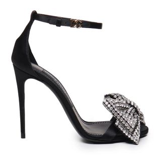 Dolce & Gabbana Schwarze Satin Sandalen mit Kn&ouml;chelriemen und Schleife mit Strass - - Shoes - Damen - Schwarzk - 37 1/2 EU