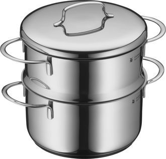 WMF Mini Dampfgarer mit Metalldeckel klein 16 cm, 1,5l, Dampftopf, Cromargan Edelstahl poliert, Induktion, Dampfgarer Topf stapelbar, ideal für kleine Por