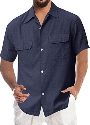 Generic Chemise d&eacute;t&eacute; en lin pour homme - Manches courtes - Boutonni&egrave;re - Chemise daffaires classique - Chemise de loisirs - Confortable - Avec poche de poitri