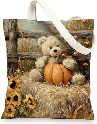 Generic Sacs fourre-tout en toile réutilisables avec motif ours mignon - Style vintage - Légers et lavables - Pour salle de sport, extérieur, voyage, pique-ni