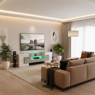 Furniture R TV-Lowboard in Hochglanzwei&szlig; & Holzdekor, 6 T&uuml;ren, 2 Schubladen & LED-Beleuchtung f&uuml;r modernes Wohnzimmer