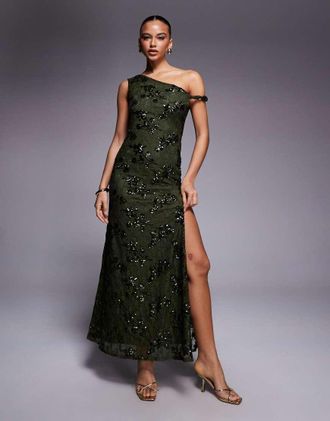 Asos Robe longue épaules dénudées à sequins et dentelle avec détail torsadé et laçage au dos - Vert