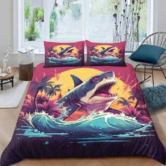 Generic Bettwäsche-Set 3 Teilig Single Doppelt King Größe, Mikrofaser 3D Bettwäsche Set Tierhai Drucken Bettbezug Mit Reißverschluss + 2 Kissenbezüge Für Jung