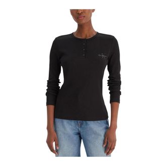 Calvin Klein Jeans Femme, Tops, Noir, Taille: 42 FR Tricot &agrave; Manches Longues Boutonn&eacute; &agrave; Col Rond