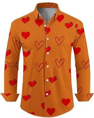 Generic Chemisier de Saint-Valentin pour homme, coupe ample, manches longues, boutonnée, pour la plage, la maison, lintérieur et lextérieur, Orange, 3XL