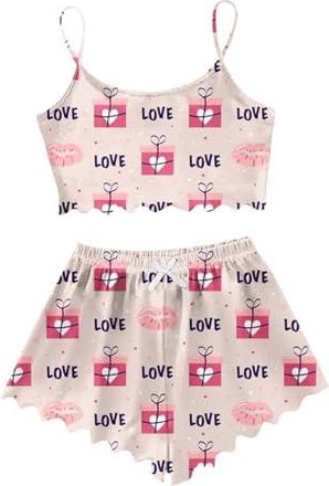 Generic Pyjama Femme Motif Coeur Saint-Valentin Ensemble de V&ecirc;tements de Nuit 2 Pi&egrave;ces Gilet Sans Manches Haut avec Imprim&eacute; Saint-Valentin Shorts Deux Pi&egrave;ces 