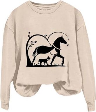 Generic Sweat-shirt uni pour femme - Pull confortable et solide - Col rond - Manches longues - Imprimé cheval - Sans chapeau - Vêtements de sport pour les ten