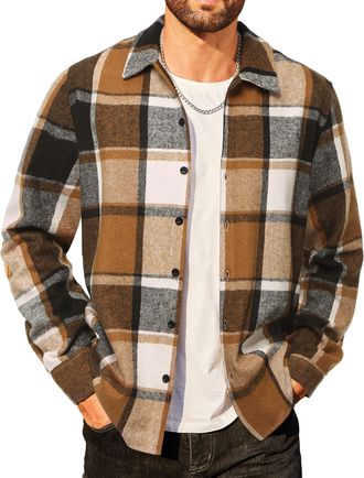 Coofandy Herren Flanellhemd Holzfäller Regular fit Karierte Freizeithemd Baumwolle Warmes Winter Hemdjacke Overshirt Khaki & Weiß & Schwarz 3XL