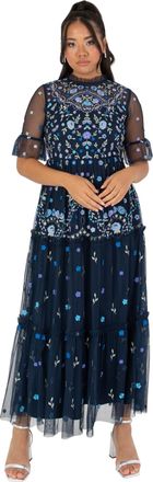 Maya Damen Womens Ladies Midaxi Dress High Neckline 3/4 Sleeve Embroidered Tulle Empire A-line For Evening Occasion Prom Ball Gown Kleid, Navy Blue, 40 EU