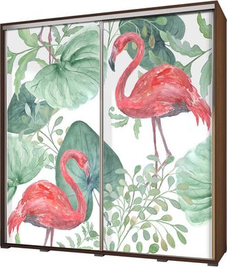 Selsey Flamingos - Kleiderschrank 2-t&uuml;rig Schiebet&uuml;ren mit Monstera-Flamingo-Motiv 205cm (Korpus in dunkler Holzoptik/Pflaume matt)
