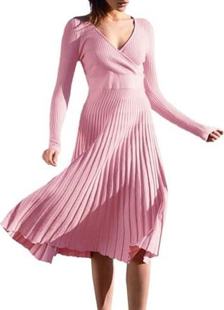 Generic Robe Pull mi-Longue à Manches Longues pour Femme, col en V, plissée, Coupe trapèze, évasée, élégante