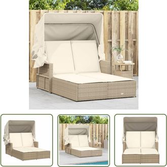 vidaXL Doppel-Sonnenliege mit Dach und Auflagen Beige Poly Rattan - Doppelsonneliege - Liege - Gartenm&ouml;bel - Outdoorm&ouml;bel - Relax Liege - The Living Store
