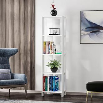 Hanah Home Stylish White Bookshelf, 160 cm Height, 43.4 cm Width, 31.5 cm Depth | 100% Melamine Coated Particle Board, 18 mm Thick | Wall-Mountable, Space-Saving