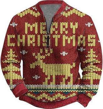 Generic Pull à col rond pour homme - Pull de Père Noël amusant - Imprimé de Noël - Manches longues - Fermeture éclair - Haut de Noël décontracté à manches lon