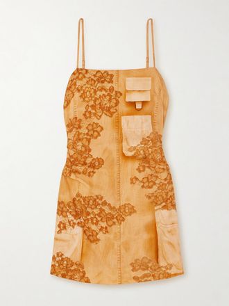 Acne Studios Minikleid Aus Einer Bedruckten Leinenmischung Mit Raffung - Orange