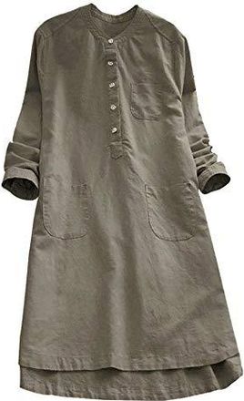Generic Tunique femme col en V chemisier long femme &eacute;t&eacute; chemise en lin boutonn&eacute;e robe de plage grande taille blouse lin robe mousseline tops respirants couleu