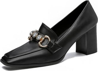 Generic MiaZane Escarpins Femme Cuir PU Bout Carr&eacute; Talon Bloc D&eacute;tail Cha&icirc;ne M&eacute;tal Cristal Slip on Mocassins Chaussures de Bureau Travail Habill&eacute;es,Noir,36 EU