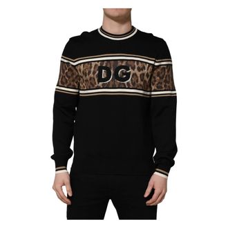Dolce & Gabbana Pullover-Pullover aus Wolle mit Rundhalsausschnitt und Leopardenmuster - - Knitwear - Herren - Schwarzk - 3XL