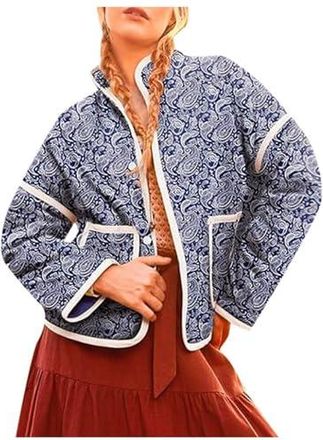 Generic Vestes pour femmes 2026 Veste imprim&eacute;e couleur bloqu&eacute;e &agrave; la mode hiver avec capuche, bleu, M