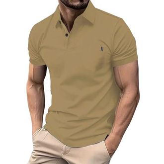 Generic Polo pour homme europ&eacute;en, pur, color&eacute; et polyvalent avec col ample, boutonni&egrave;re, col ouvert, manches courtes de sport c&ocirc;tel&eacute;es, kaki, XXL