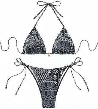Ocean Plus Damen V-Ausschnitt Gebl&uuml;mt Triangel Bikini-Set mit B&uuml;gel Spaghetti Bademode Bandeau Slips mit Tunnelzug (XS (EU 30-32), Schwarzes Muster)