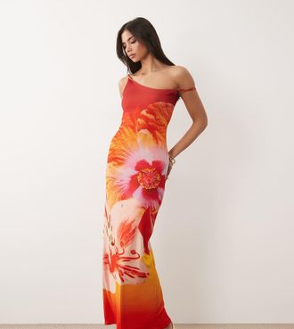 KAIIA Exclusive - Doppellagiges Maxikleid aus anschmiegsamem Netzstoff in Orange mit Farbverlauf, Blumenmuster und verdrehtem Off-Shoulder-Tr&auml;ger