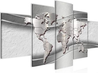 Runa Art Bild B&uuml;ro Wohnzimmer Weltkarte 5 Teilig Abstrakt Silber Grau Wandbilder auf Vlies Leinwand 107253c