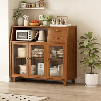 Generic Sideboard in Massivholzoptik mit halbtransparenten Glast&uuml;ren Offene Regalb&ouml;den + Schubladen Stauraum for das Esszimmer, Teeschrank und Wohnzimmer(Tea 