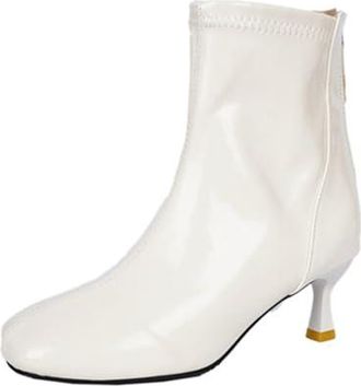 Generic Bottines tendance en cuir verni pour femme, talon chaton, bout rond, chaussures décontractées pour lautomne et lhiver avec fermeture éclair à larrière