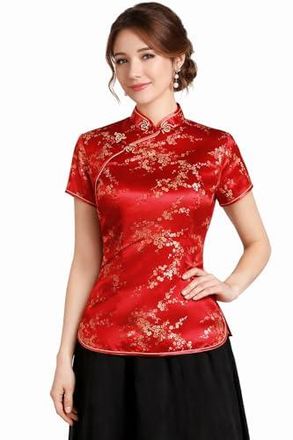 Lazutom Chemisier de style chinois pour femme, col mandarin, grenouille, boutonn&eacute;, haut &agrave; manches courtes, chemise Qipao Cheongsam pour f&ecirc;te, d&icirc;ner, d&eacute;contrac