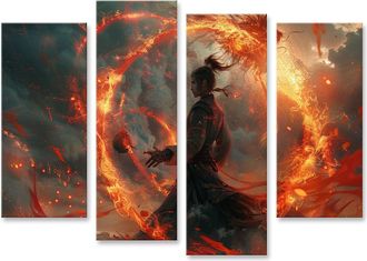 Islandburner Leinwandbild Krieger mit Feuer und Drache am Himmel - Leinwand 130x80cm - 4 Teile